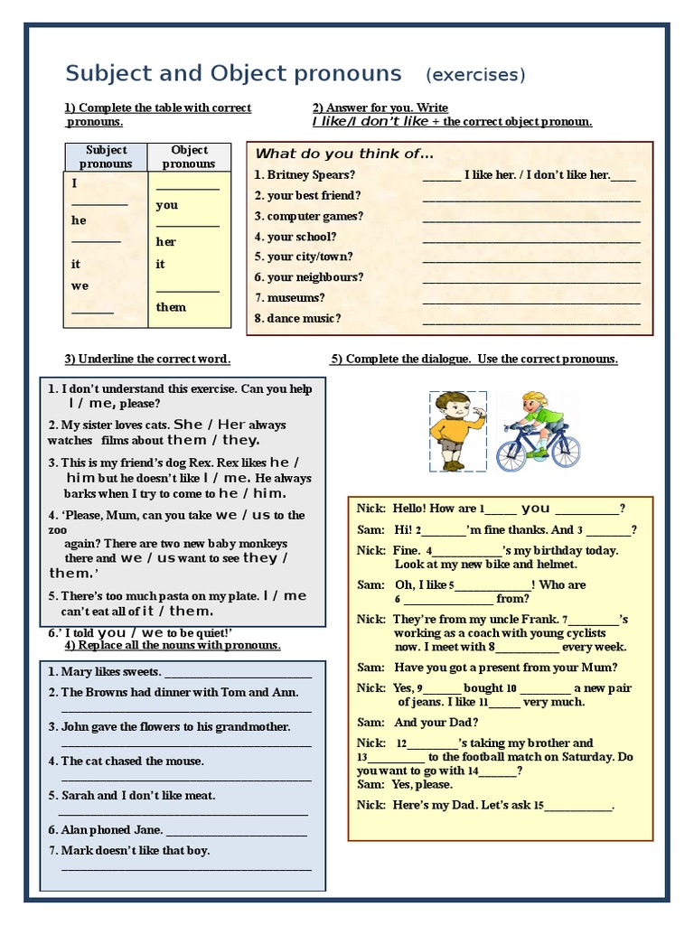 Object Pronouns Exercises Worksheet | PDF | Languages | Language Arts ...