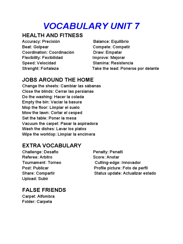 Vocabulary Unit 7 | Pdf