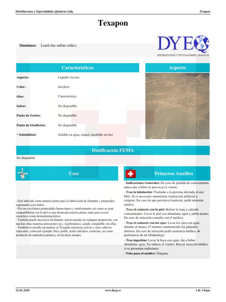 Ficha técnica Texapon | Detergente | Dióxido de carbono