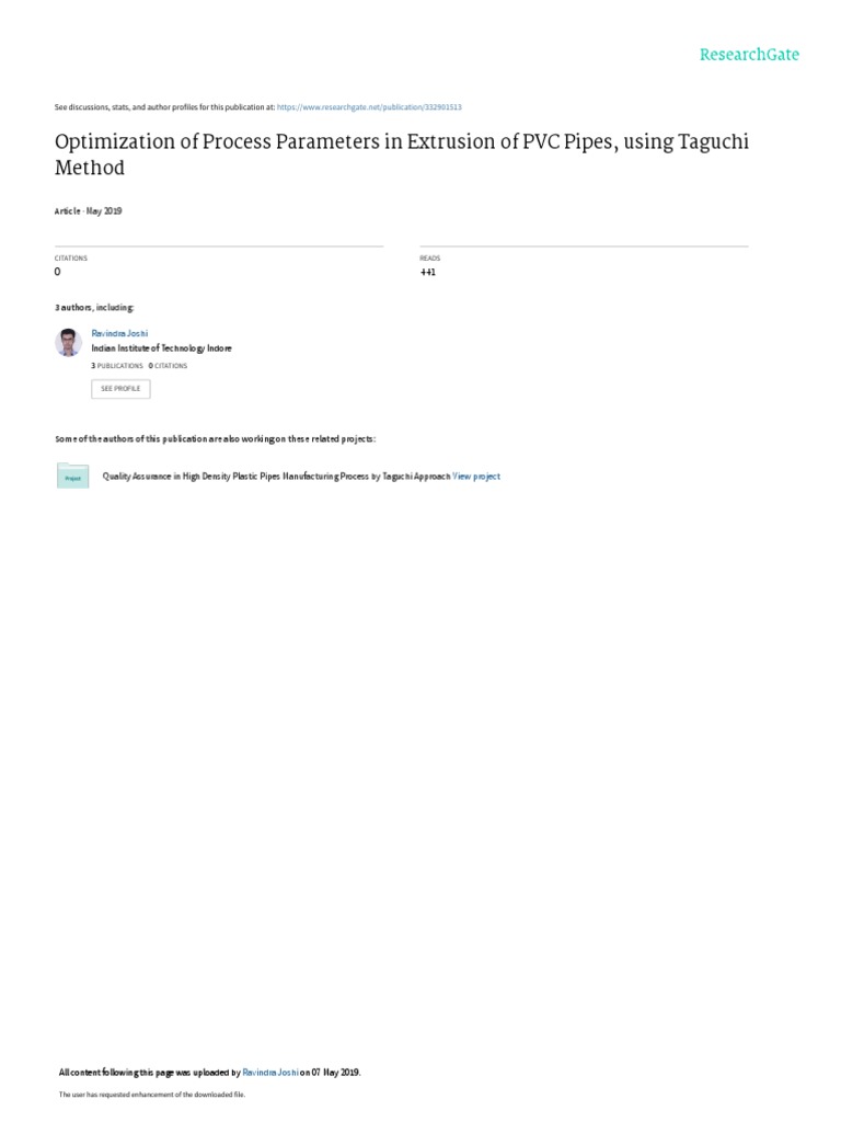 Optimization of Process Parameters in Extrusion of PVC Pipes Using Taguchi Method ...