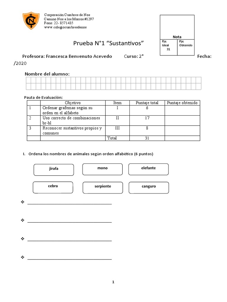 Prueba de Sustantivos 2 Básico | PDF