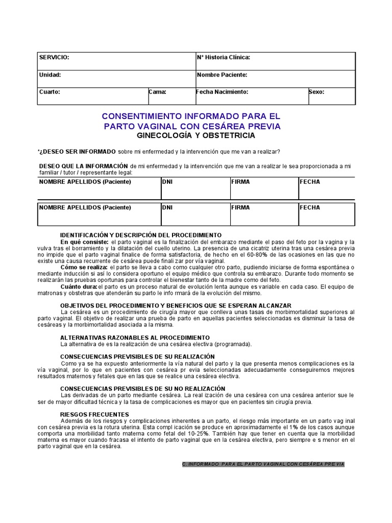 CONSENTIMIENTO INFORMADO PARA EL PARTO VAGINAL CON CESÁREA PREVIA | PDF ... CONSENTIMIENTO INFORMADO PARA EL PARTO VAGINAL CON CESÁREA PREVIA | PDF ...