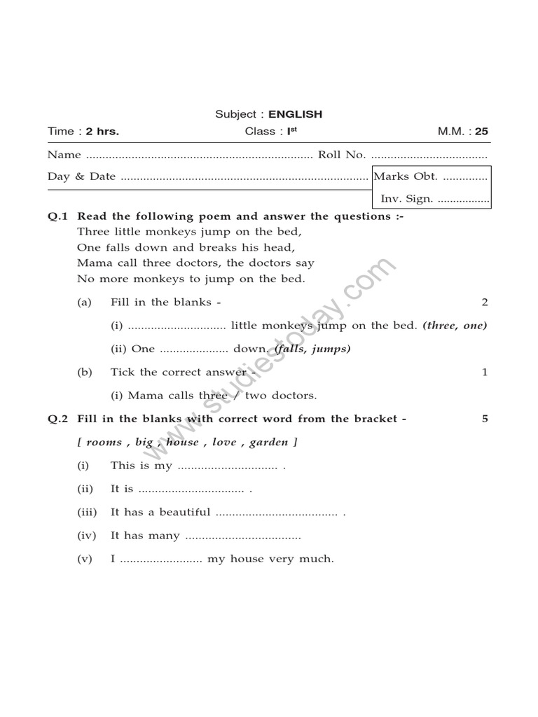 CBSE Class 1 English Question Paper Set E | PDF | Teaching Methods ...