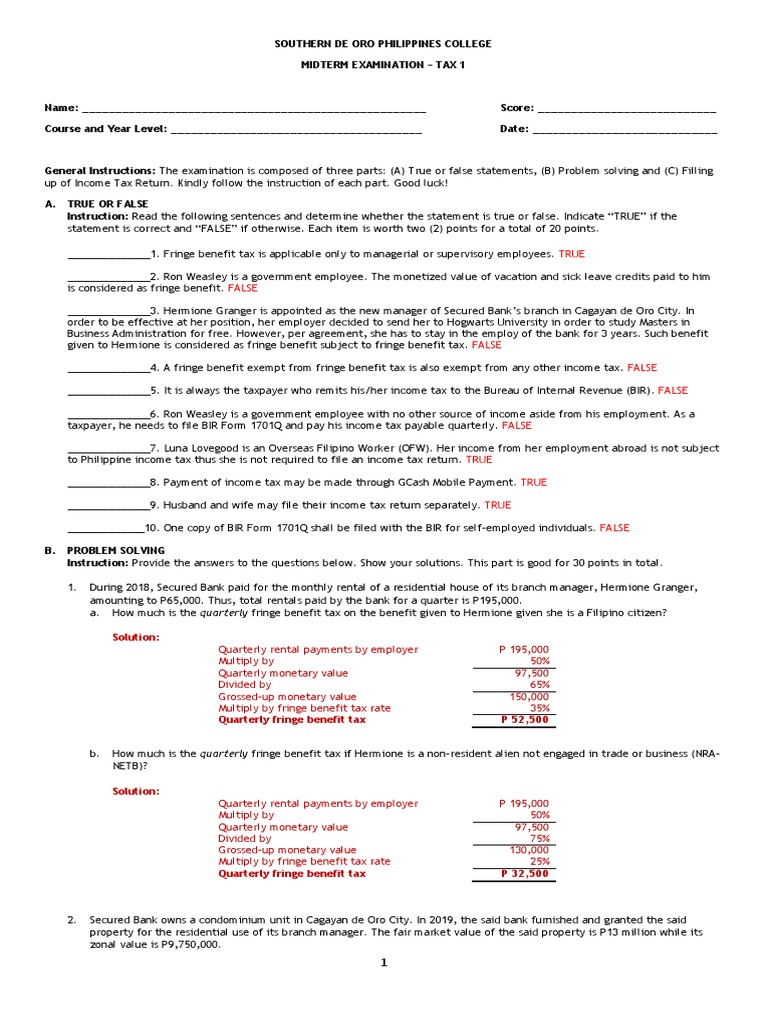 Income Tax Midterm Exam Overview | PDF | Income Tax | Employee Benefits
