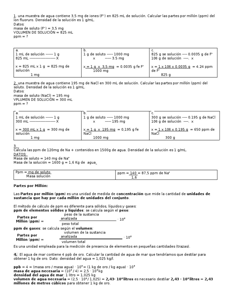 Cálculo de ppm en soluciones químicas | PDF | Concentración | Densidad