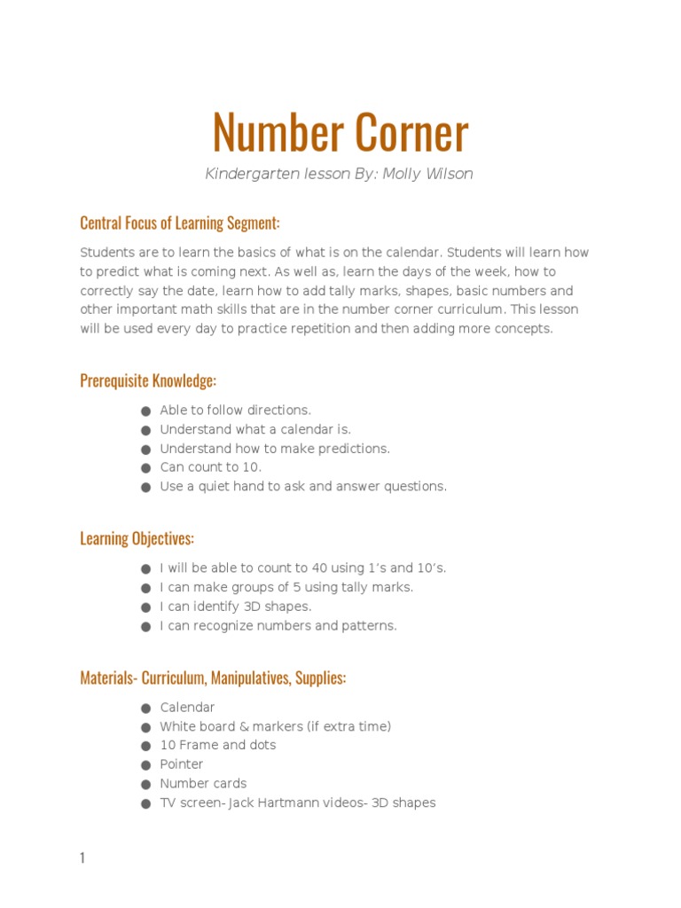 Lesson Plan Number Corner | PDF | Curriculum | Psychological Concepts