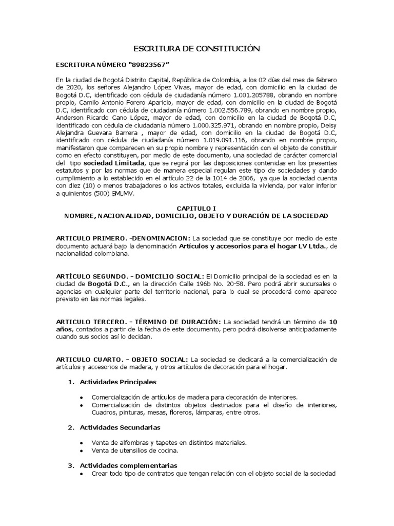 Constitución Sociedad | PDF | Sociedad de responsabilidad limitada | Conceptos legales
