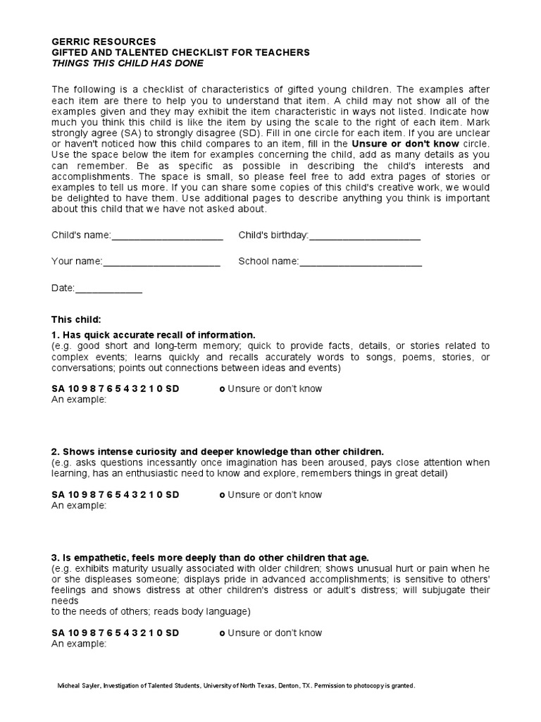 Checklist Gifted-Teachers-Identifikasi | PDF | Recall (Memory) | Vocabulary