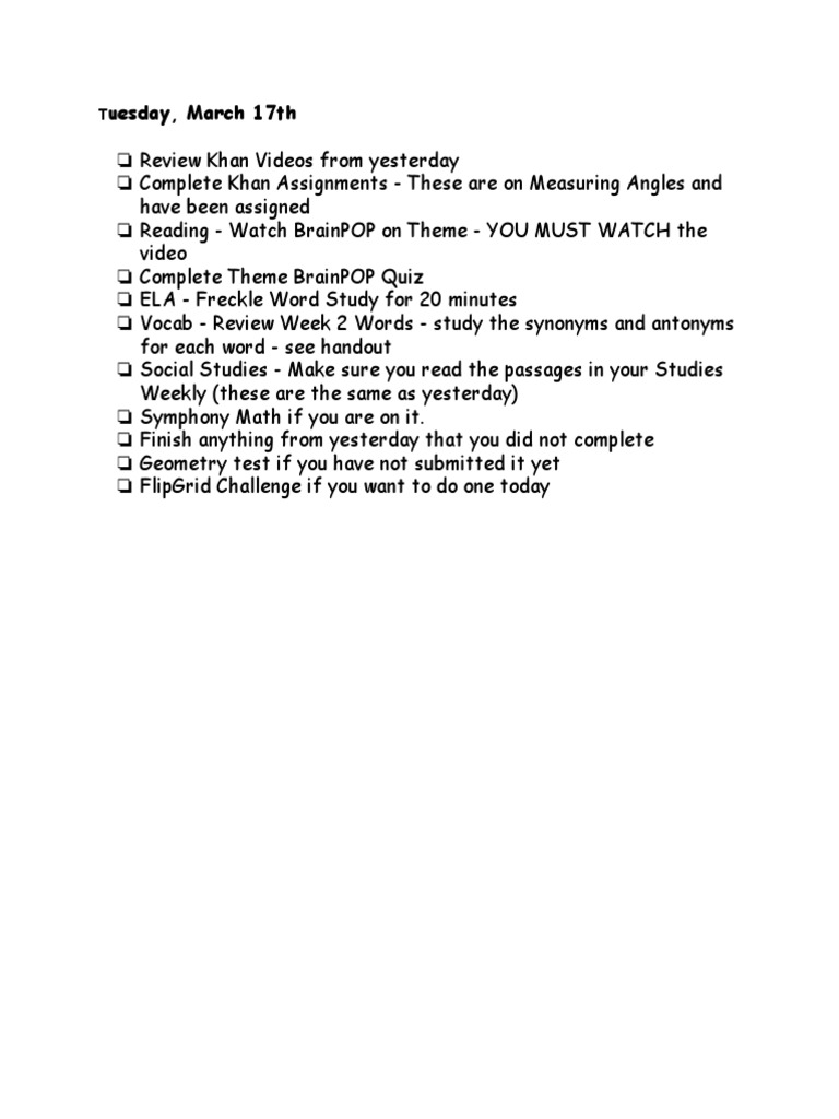 Tuesday, March 17th Checklist PDF | PDF