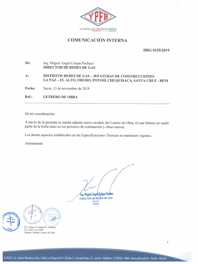 Comunicación Interna DRG 0155-2019 Letrero de Obra | PDF