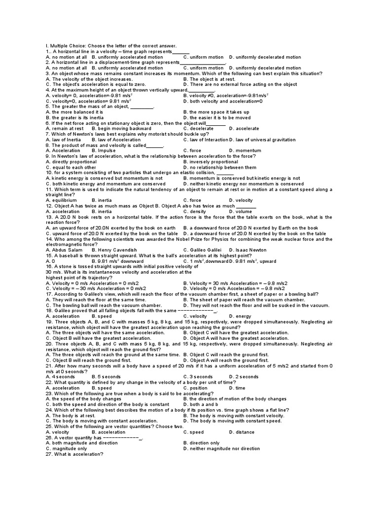 Summative Test Physical Science | PDF | Acceleration | Force