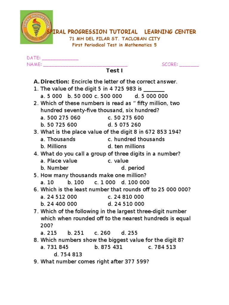 Grade 5 Math Exam | PDF | Numbers | Mathematical Notation
