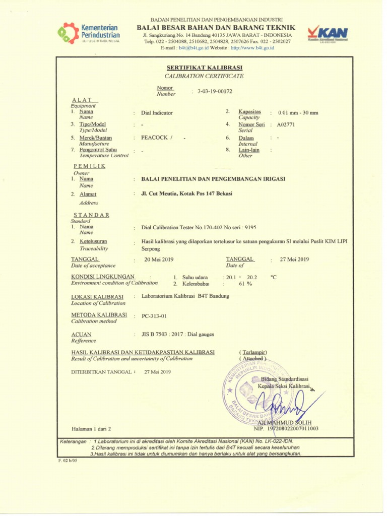 Contoh Sertifikat Dial Indikator | PDF