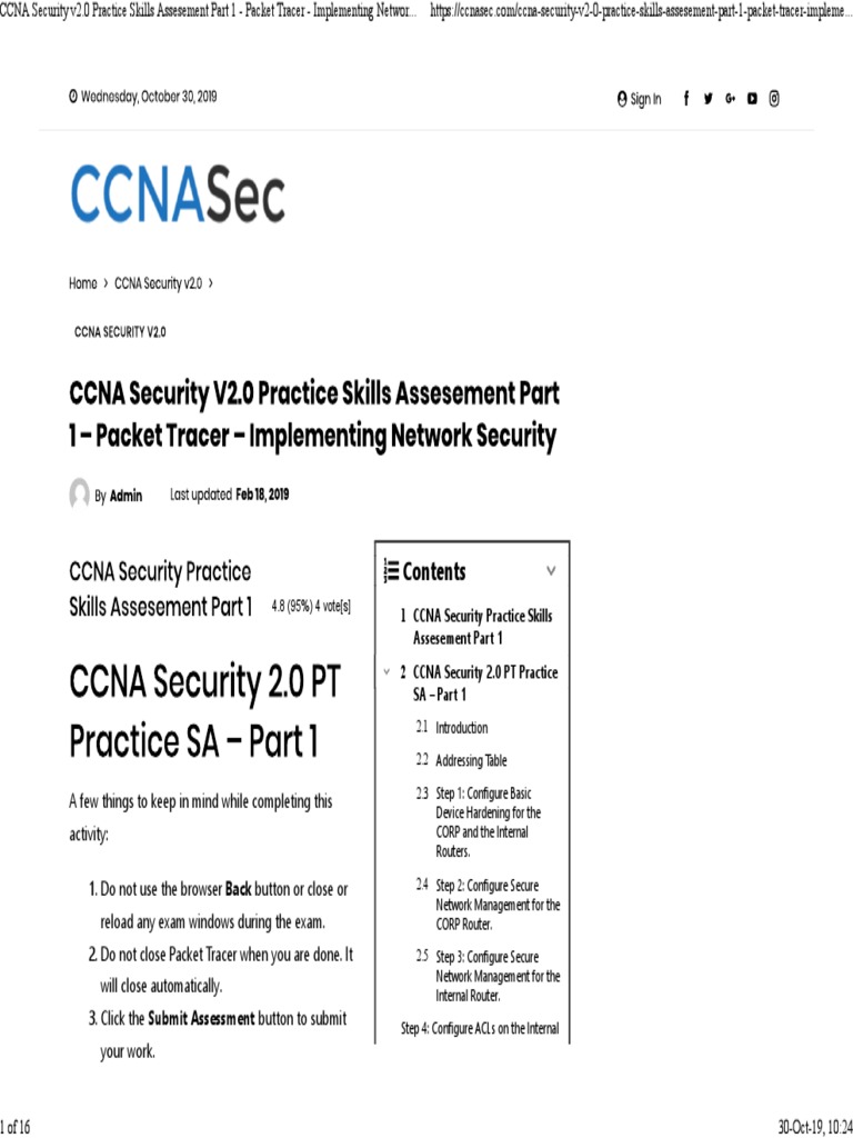 CCNA Security v2.0 Practice Skills Assesement Part 1 - Packet Tracer - Implementing Network ...