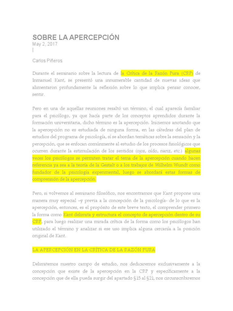 Sobre La Apercepción | PDF | Immanuel Kant | Intuición