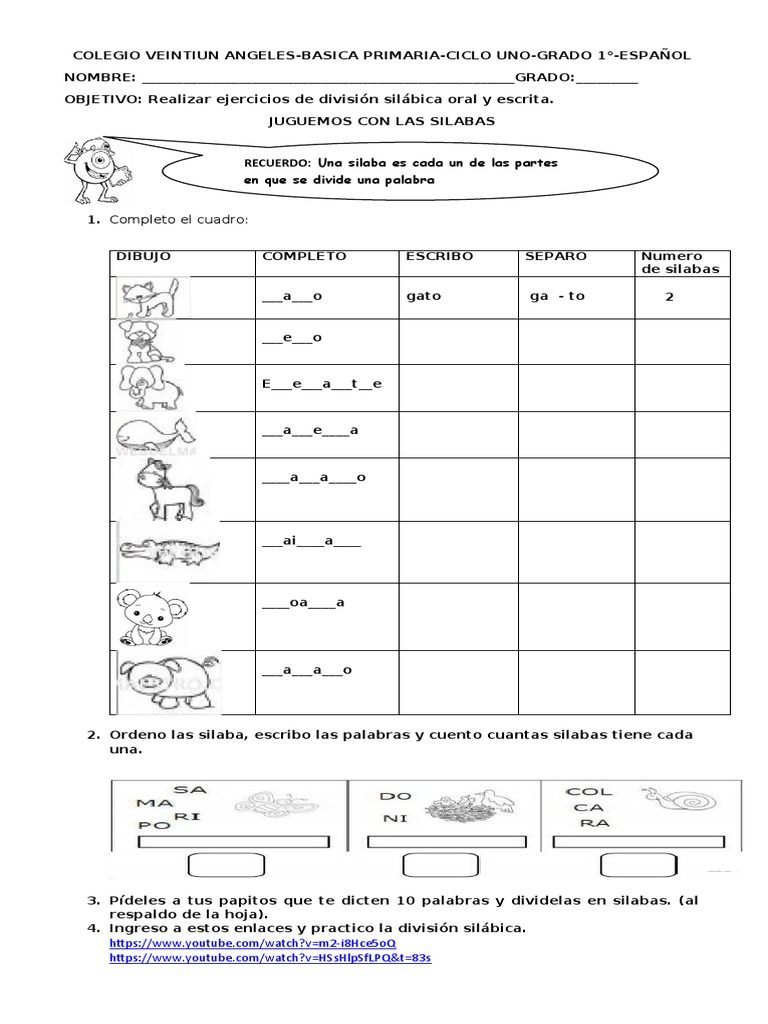 Ejercicios de División Silábica 1° grado | PDF