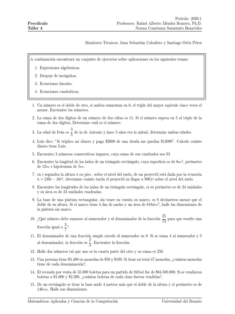 Aplicaciones Precálculo | PDF | Ecuaciones | Fracción (Matemáticas)