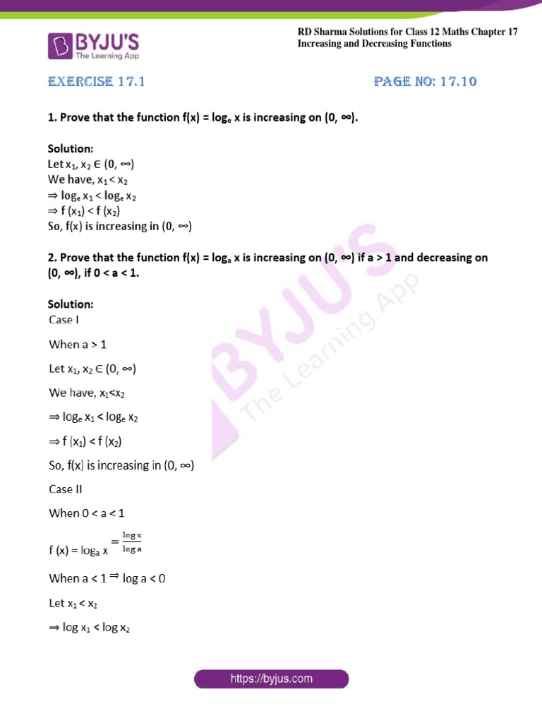 RD Sharma Class 12 Maths Solutions Chapter 17 Increasing and Decreasing Functions PDF | PDF ...