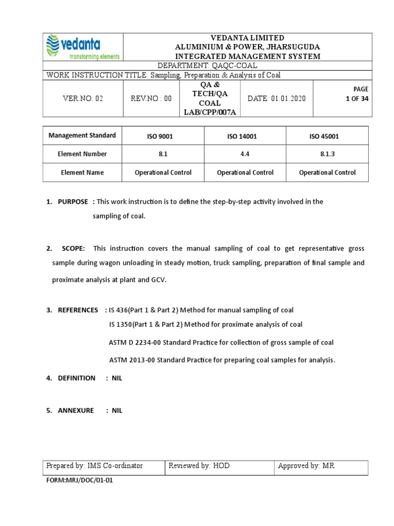 7A SOP - Coal Samplin, Preparation & Analysis | PDF | Coal | Nature