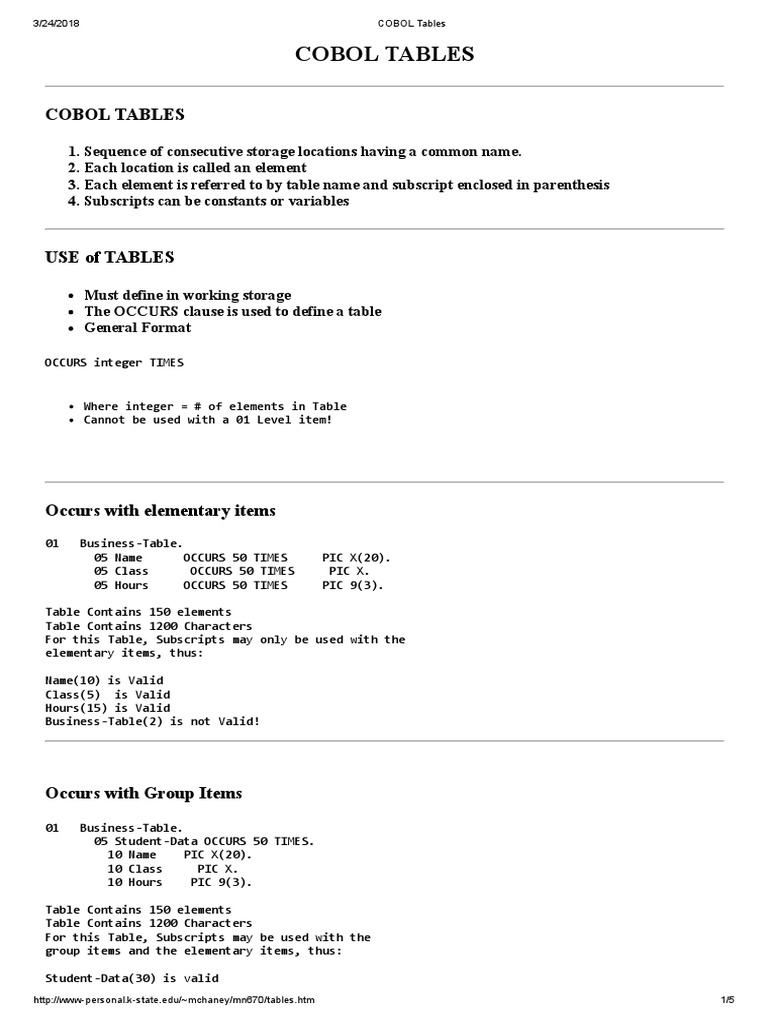COBOL Tables | PDF | Subroutine | Database Index