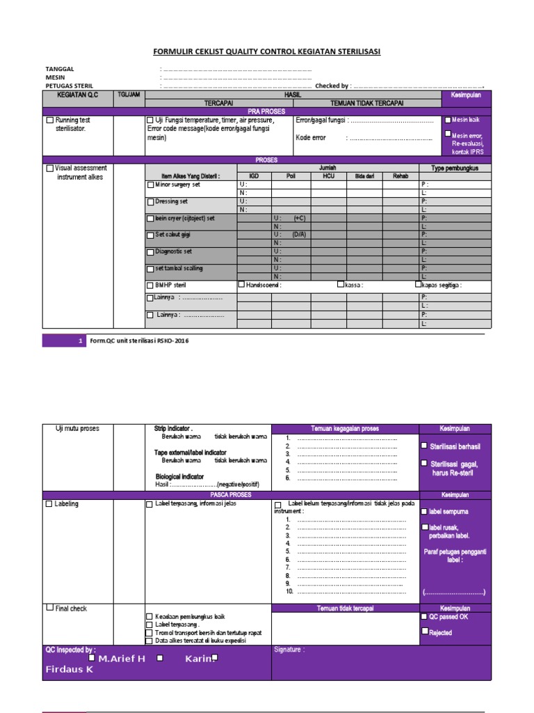 FORMULIR CEKLIST QUALITY CONTROL QC CSSD 2016 | PDF