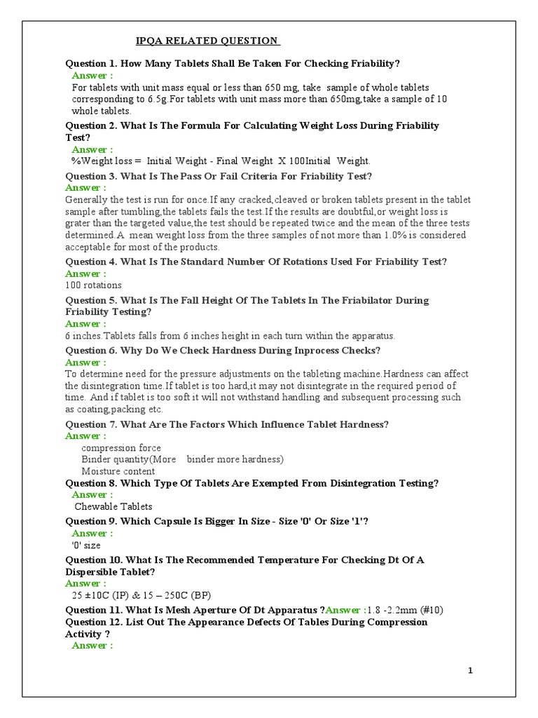 Ipqa Related Question | PDF | Tablet (Pharmacy) | Verification And ...