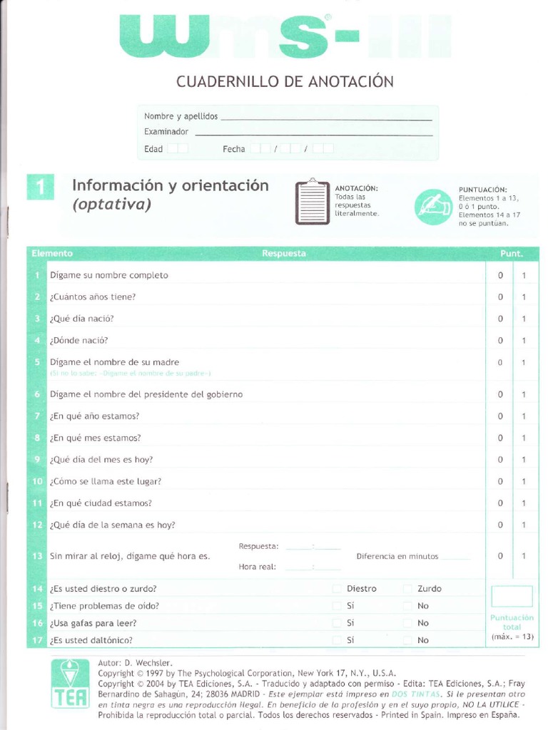 Escala de Memoria de Wechsler III Protocolo | PDF