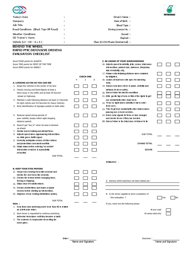 Driver evaluation checklist for defensive driving skills | PDF ...