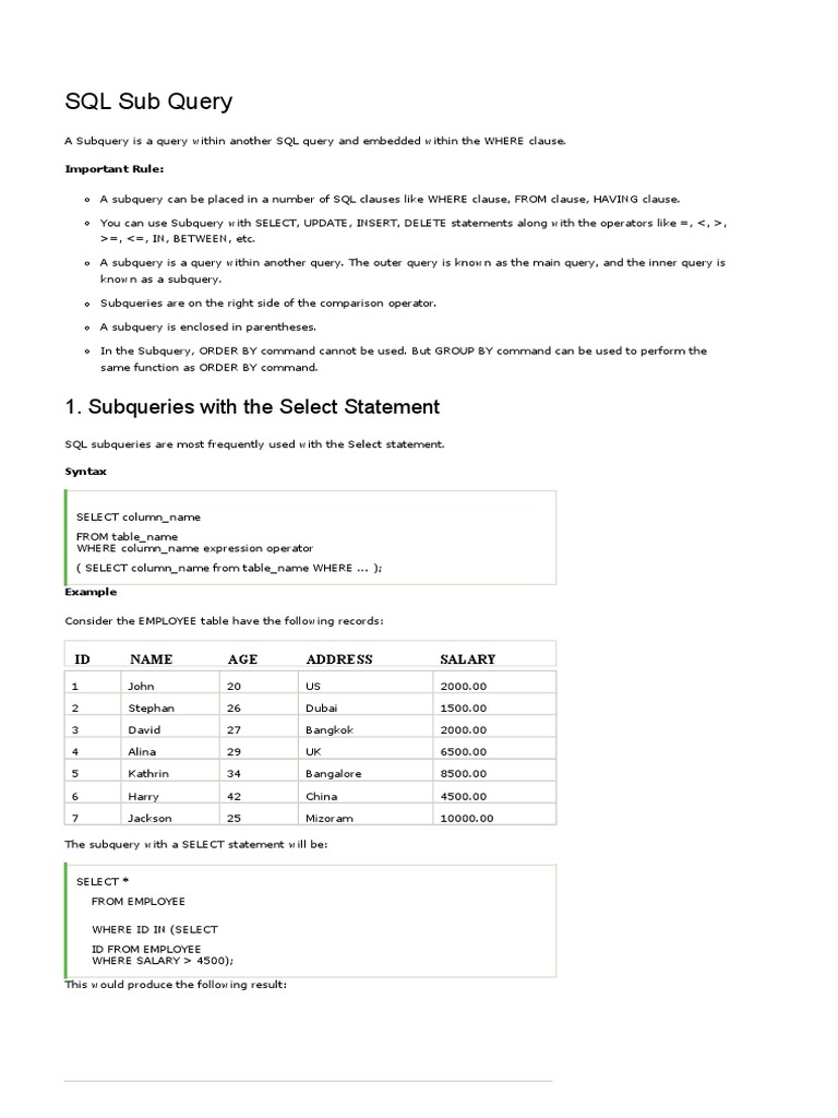 DBMS SQL Sub Queries | PDF | Sql | Data Management DBMS SQL Sub Queries | PDF | Sql | Data Management