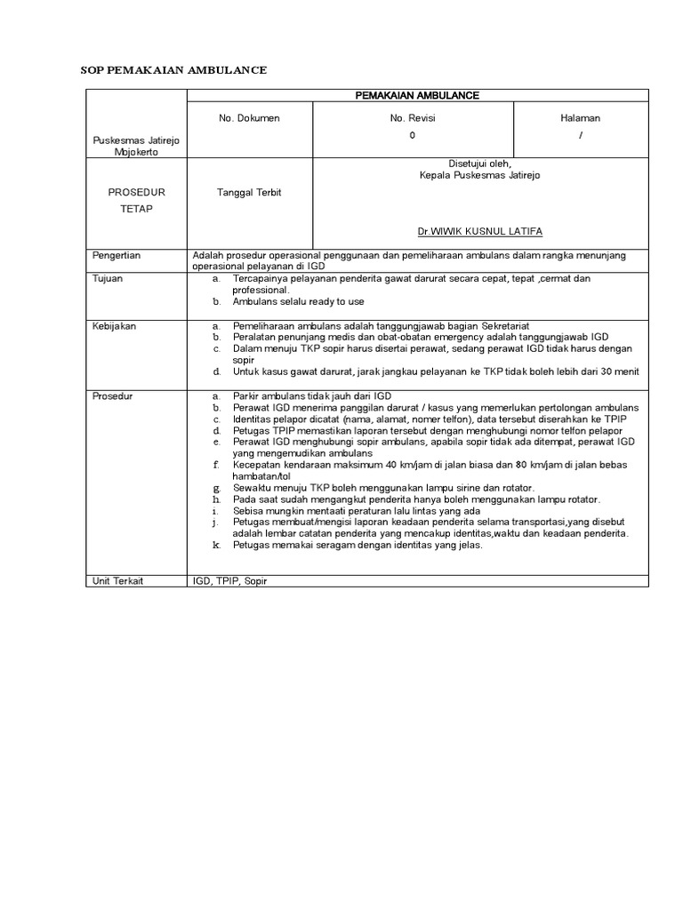 Sop Pemakaian Ambulance | PDF