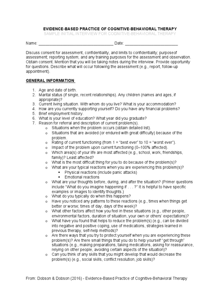 Sample of Intake Interview For CBT | PDF | Cognitive Behavioral Therapy ...