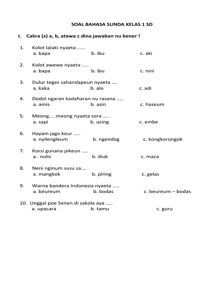 Soal Latihan Bahasa Sunda KLS 1 SD | PDF