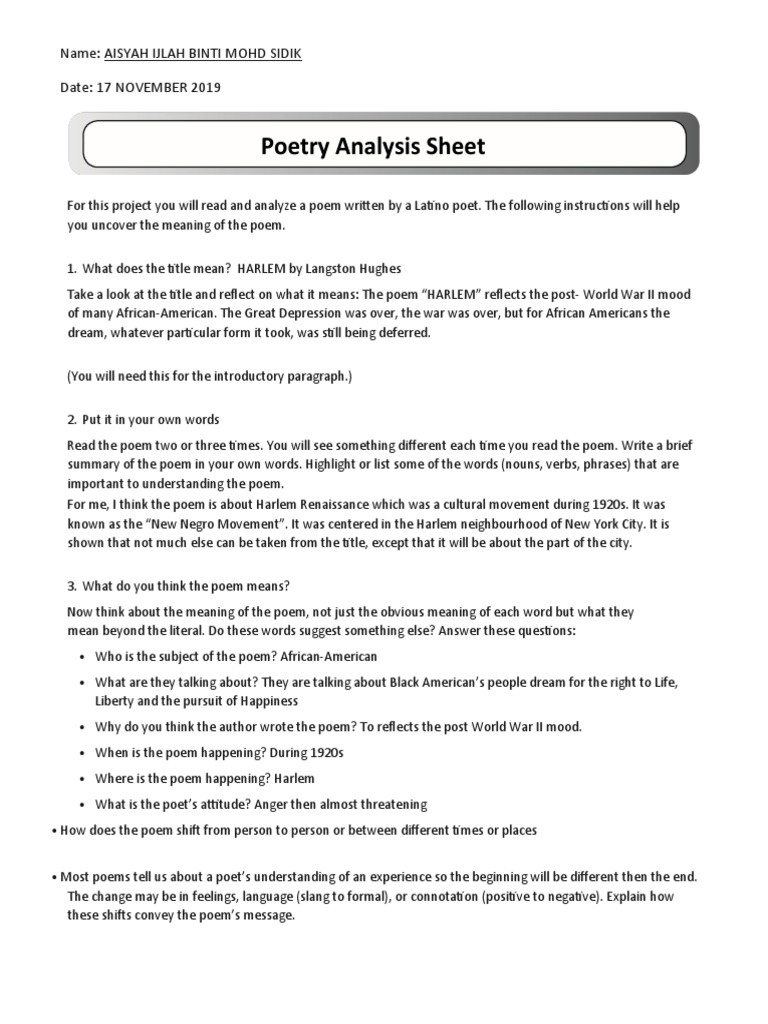 Poem Harlem Analysis | PDF | Harlem Renaissance | Poetry