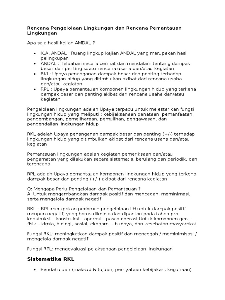 Rencana Pengelolaan Lingkungan Dan Rencana Pemantauan Lingkungan | PDF
