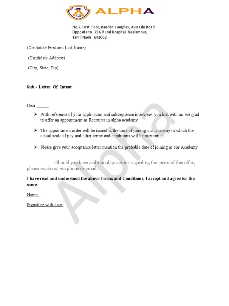 Offer Letter Format Alpha Academy | PDF