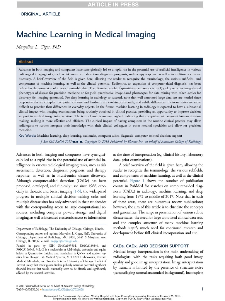 Machine Learning in Medical Imaging | PDF | Medical Imaging | Radiology