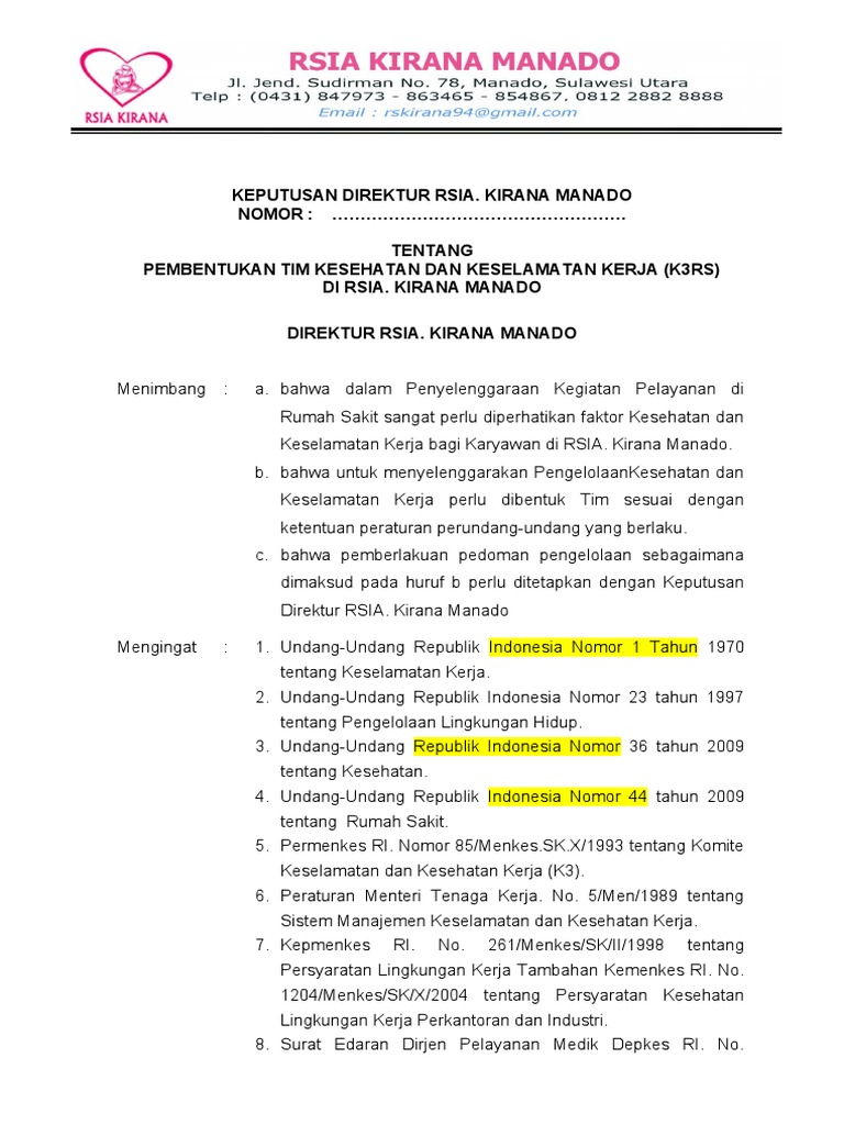 SK Tim Dan Uraian Tugas K3 RSIA Kirana | PDF