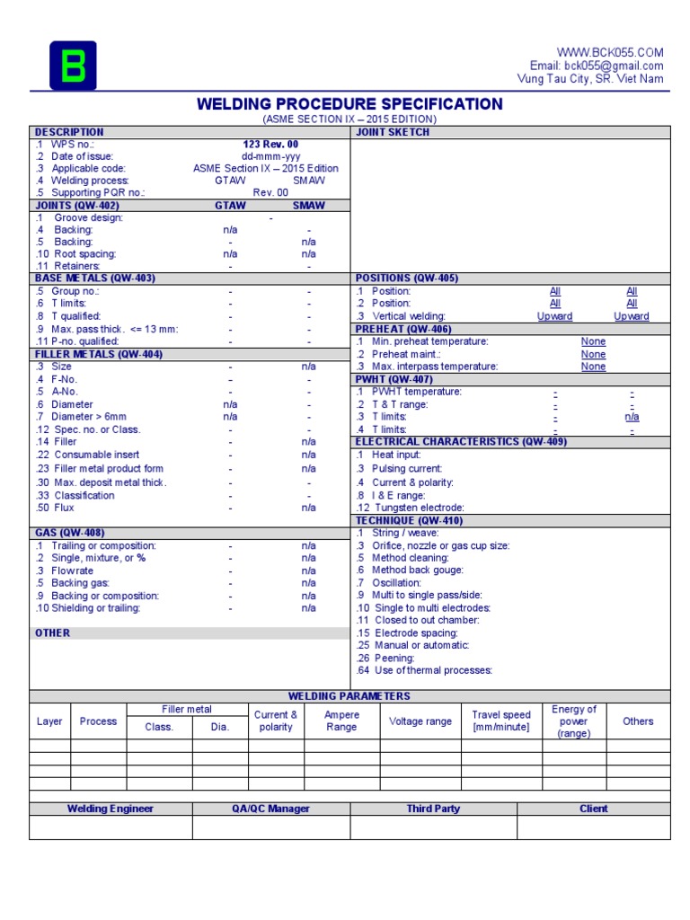 ASME IX Sample WPS GTAW SMAW | PDF | Welding | Construction