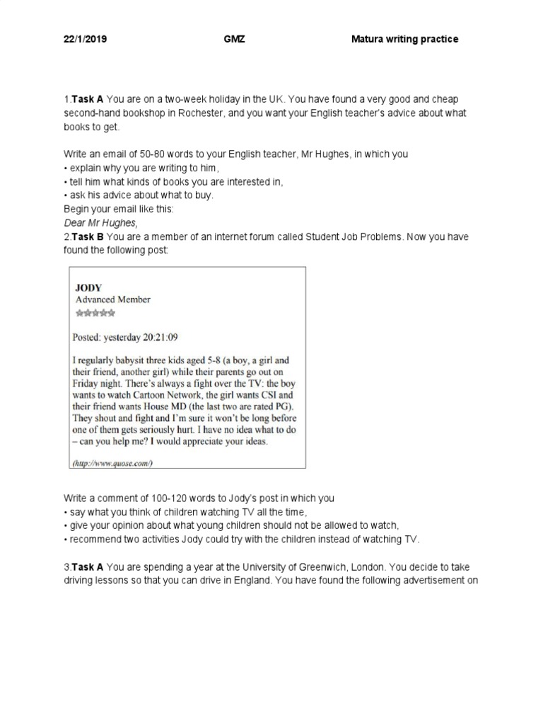 MATURA Writing English B1 Level | PDF