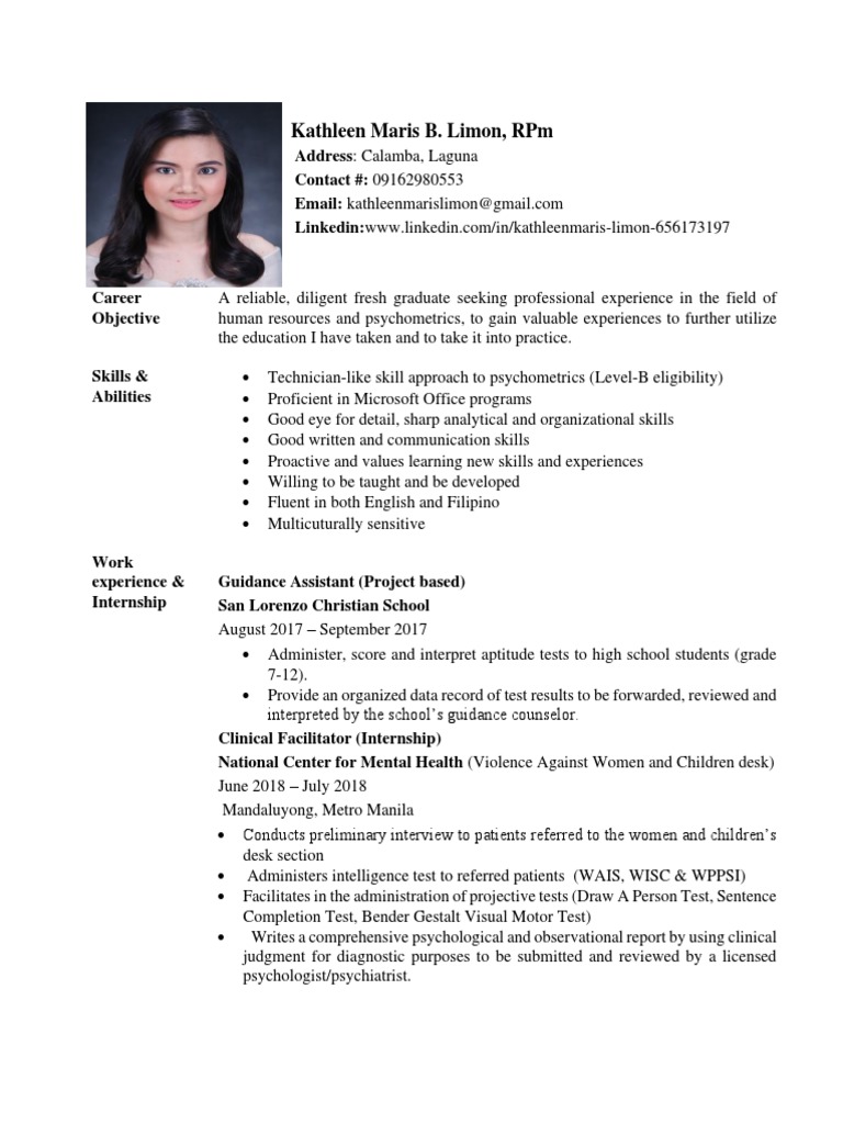 Fresh Graduate Psychometrician Resume | PDF | Psychometrics | Psychology