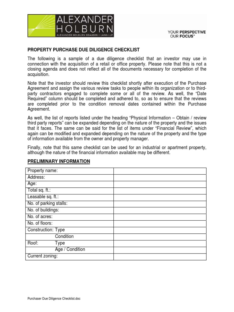 Property Purchase Due Diligence Checklist | PDF | Due Diligence | Lease