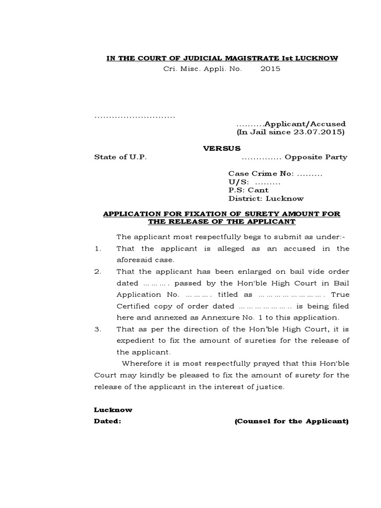 Application For Fixation of Surety | Download Free PDF | Affidavit | Bail