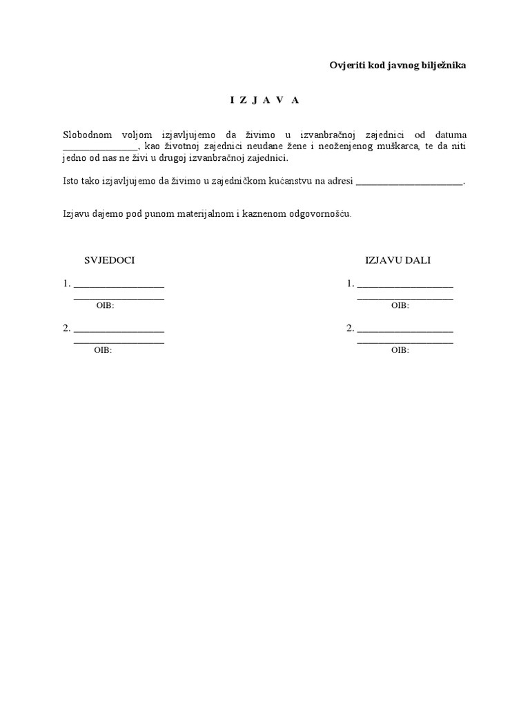 Izjava o Izvanbračnoj Zajednici PDF | PDF