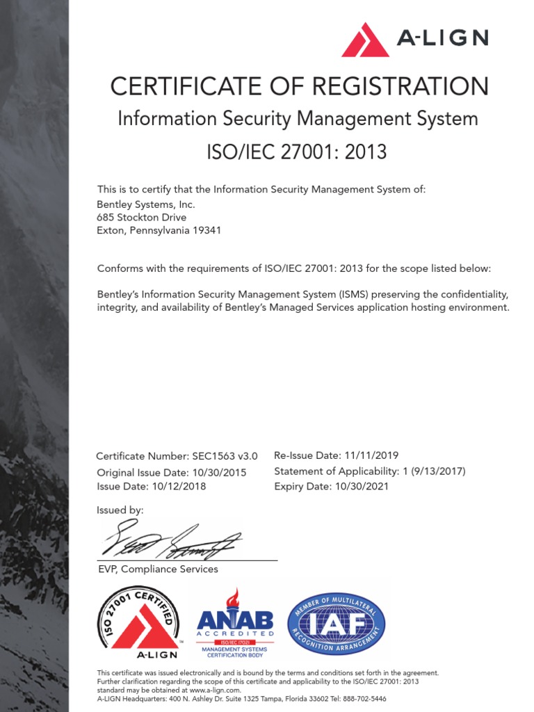ISO Bentley Systems Inc ISO 27001 Certificate 2019 With Signature | PDF