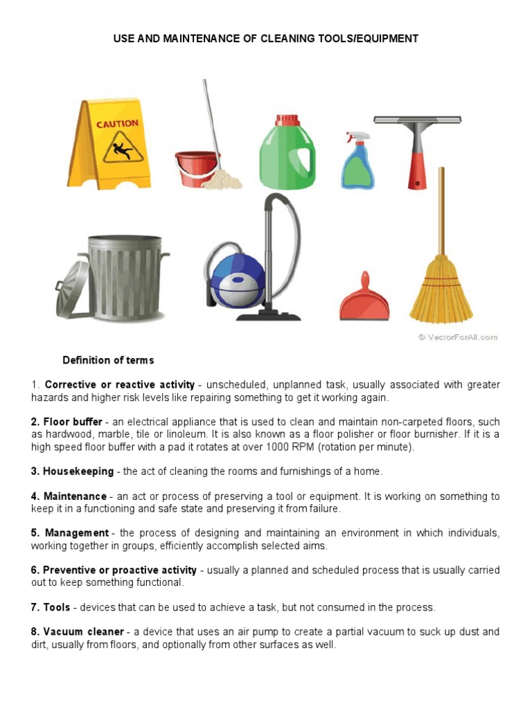 Use and Maintenance of Cleaning Tools | PDF | Vacuum Cleaner | Housekeeping