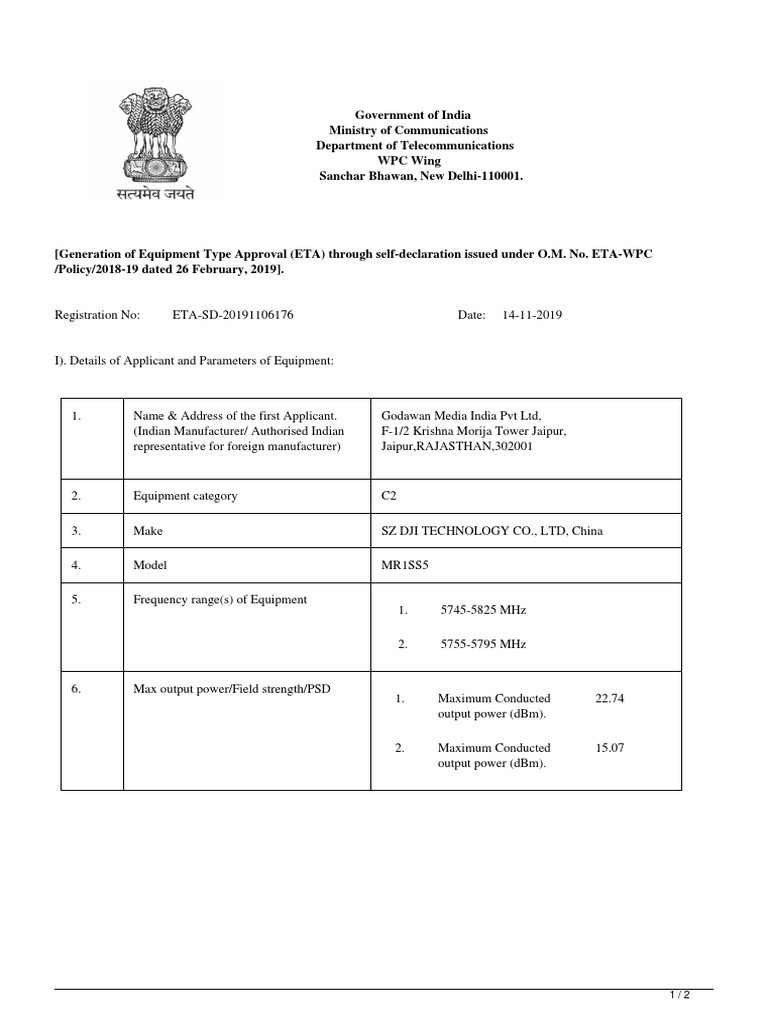 MR1SS5 India-ETA Cert PDF | PDF | Telecommunications | Information And ...