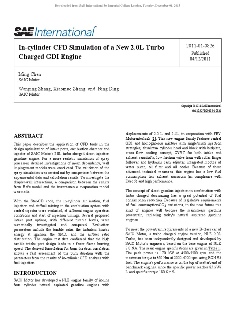 In Cylinder Cfd Simulation Of A New 2 0l Turbo Charged Gdi Engine Pdf Pdf Fuel Injection