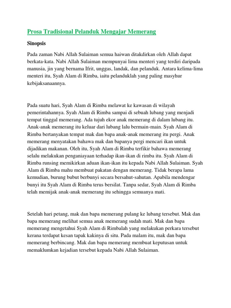 Prosa Tradisional Pelanduk Mengajar Memerang PDF | PDF