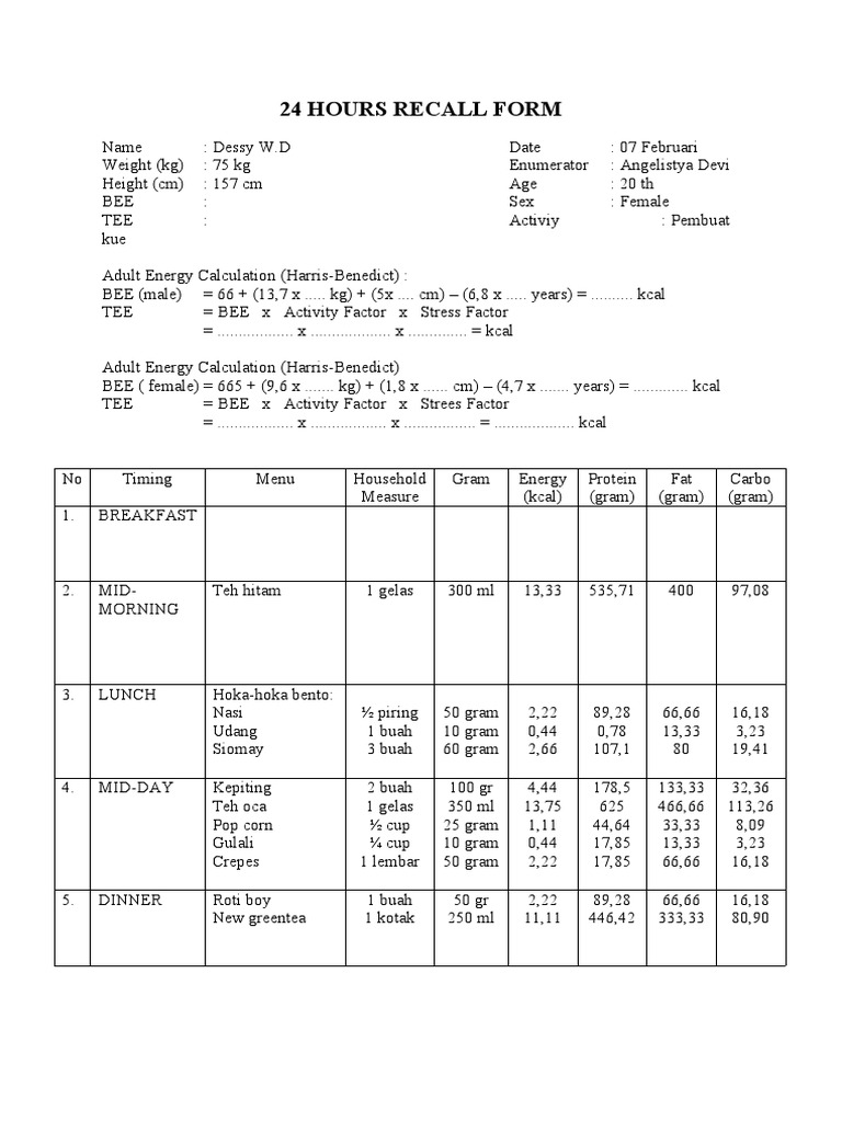 24 Hours Recall Form | PDF | Calorie | Food And Drink