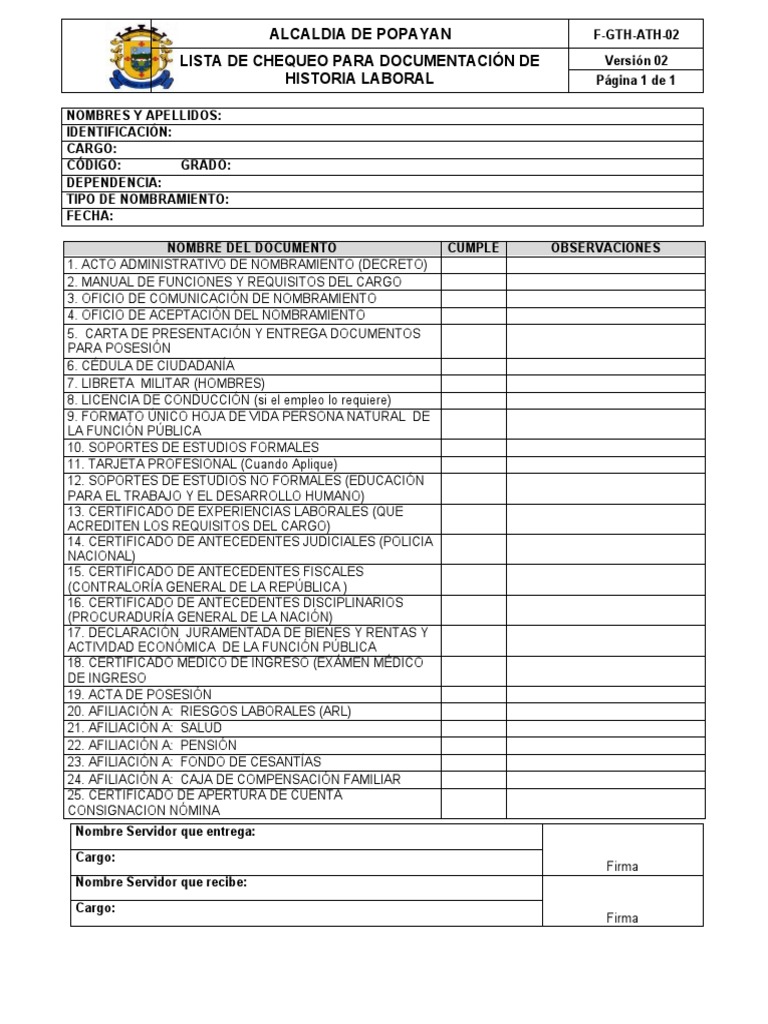 F-Gth-Ath-02 Lista de Chequeo para Documentación de Historia Laboral | PDF